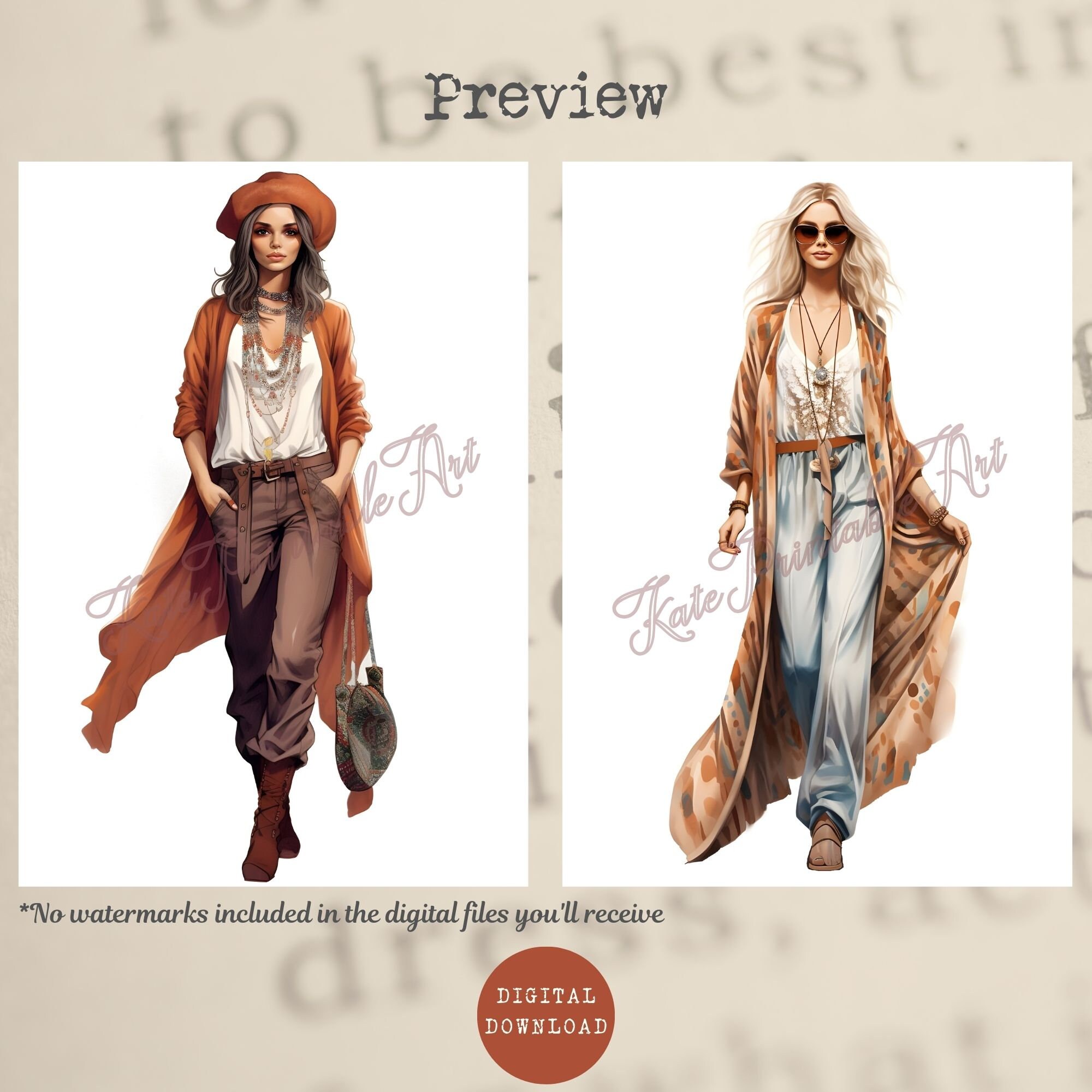Boho Fashion, Printable Boho Outfits, Junk Journal Scrapbook Supplies ...