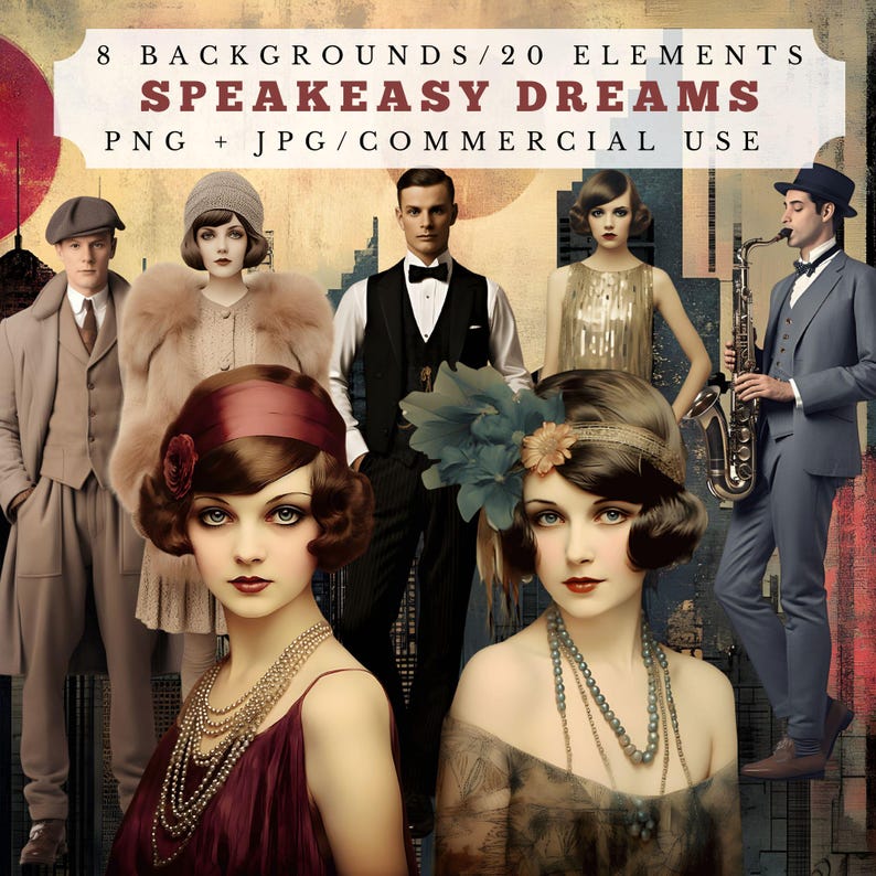 Speakeasy Dreams, Unique 1920s Collage Collection, Digital Art for Junk ...