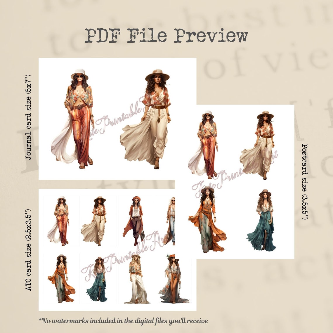 Boho Fashion, Printable Boho Outfits, Junk Journal Scrapbook Supplies ...