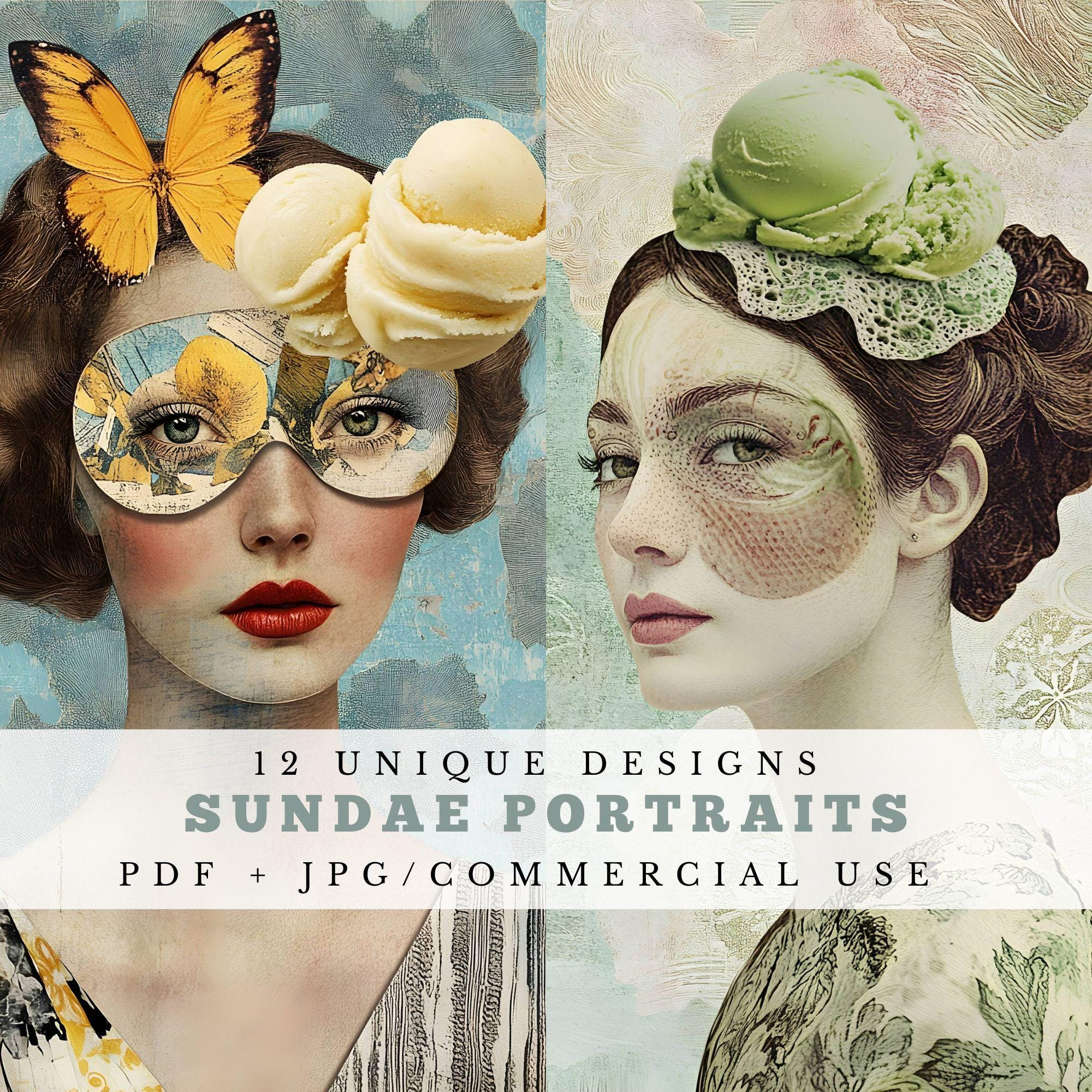 Surreal Ice-cream Portrait Collage Papers: Whimsical Junk Journal ...