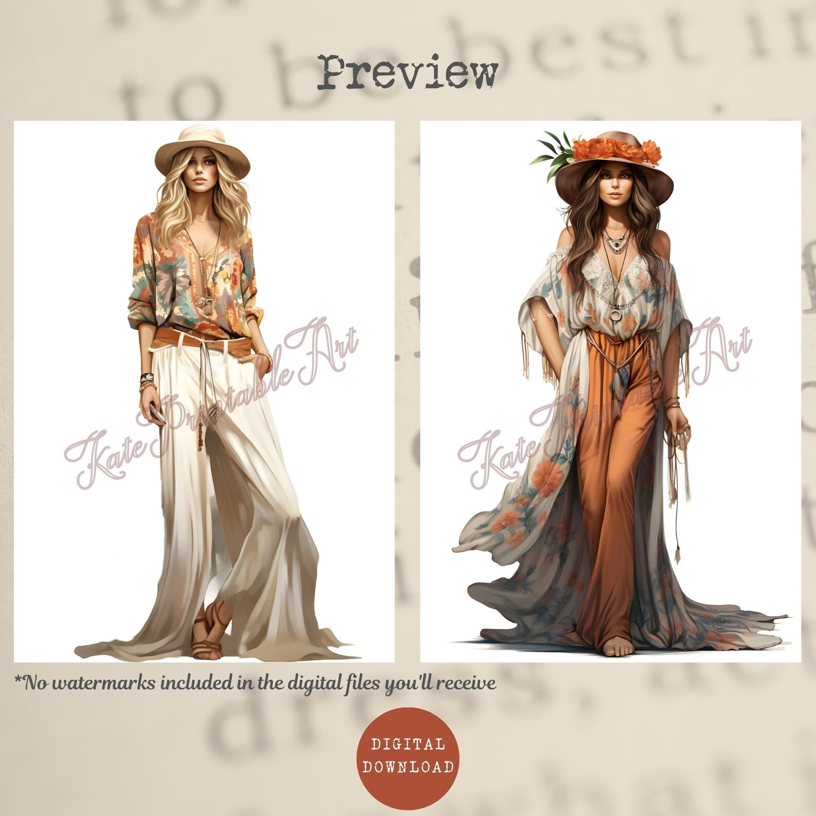 Boho Fashion, Printable Boho Outfits, Junk Journal Scrapbook Supplies ...