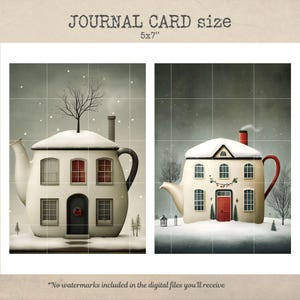 Winter Teapot Houses, Whimsical Christmas Junk Journal Papers, Digital ...