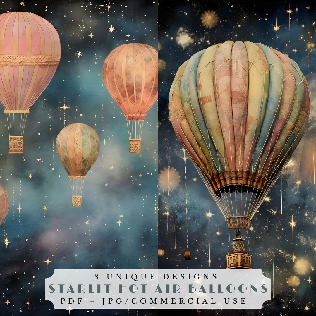 Starlit Hot Air Balloons Junk Journal Cards, Pastel Vintage Ephemera ...