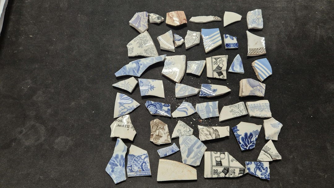 44 Victorian Pottery Shards: Blue & White Ceramic Fragments for Art ...