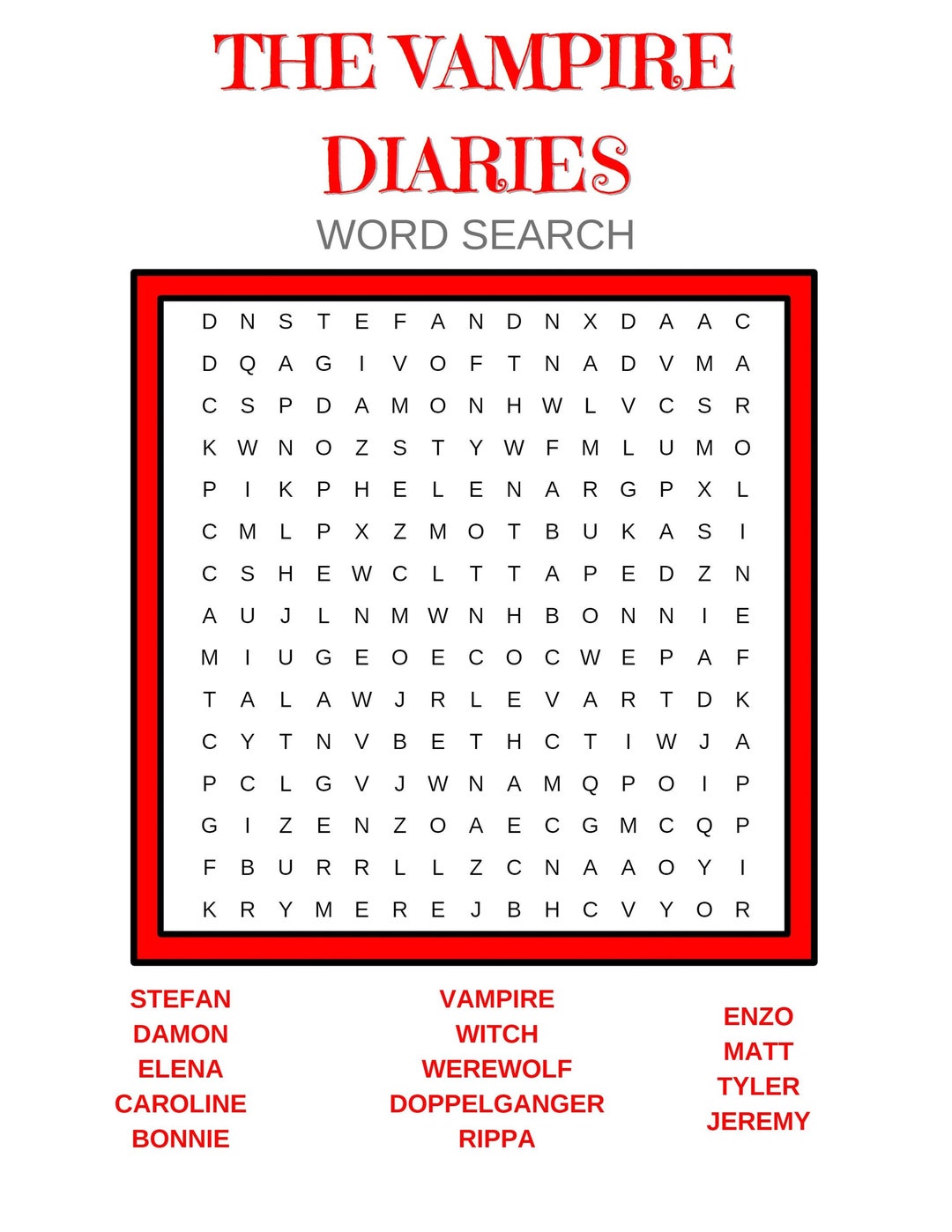 Vampire Diaries Word Search Printable - Word Search Maker