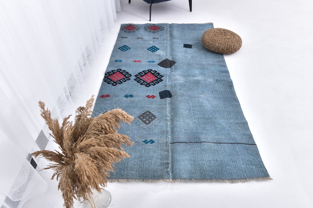 4x7 Hemp Rug, 4x7 Blue & Black Hemp Rug, 4x7 Rug, Aesthetic Handmade ...