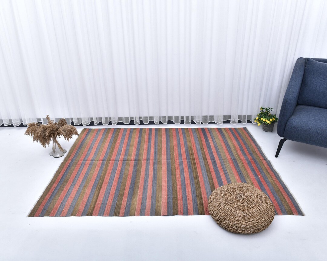 4x6 Red & Green Striped Kilim Rug, 4x6 Kilim Rug 4x6 Rug Wool Handmade ...