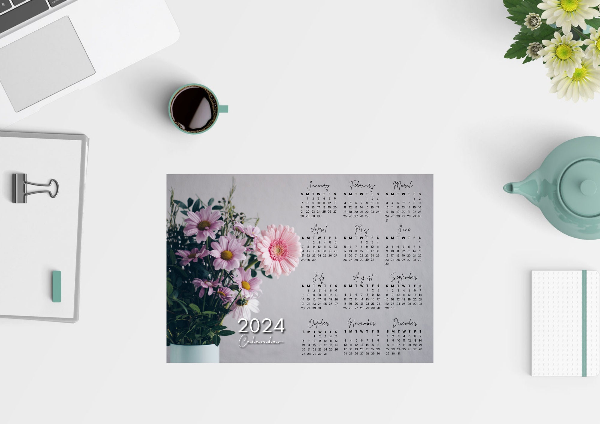 2024 Annual Flowers Calendar Horizontal A4 Size Sunday Start - Etsy