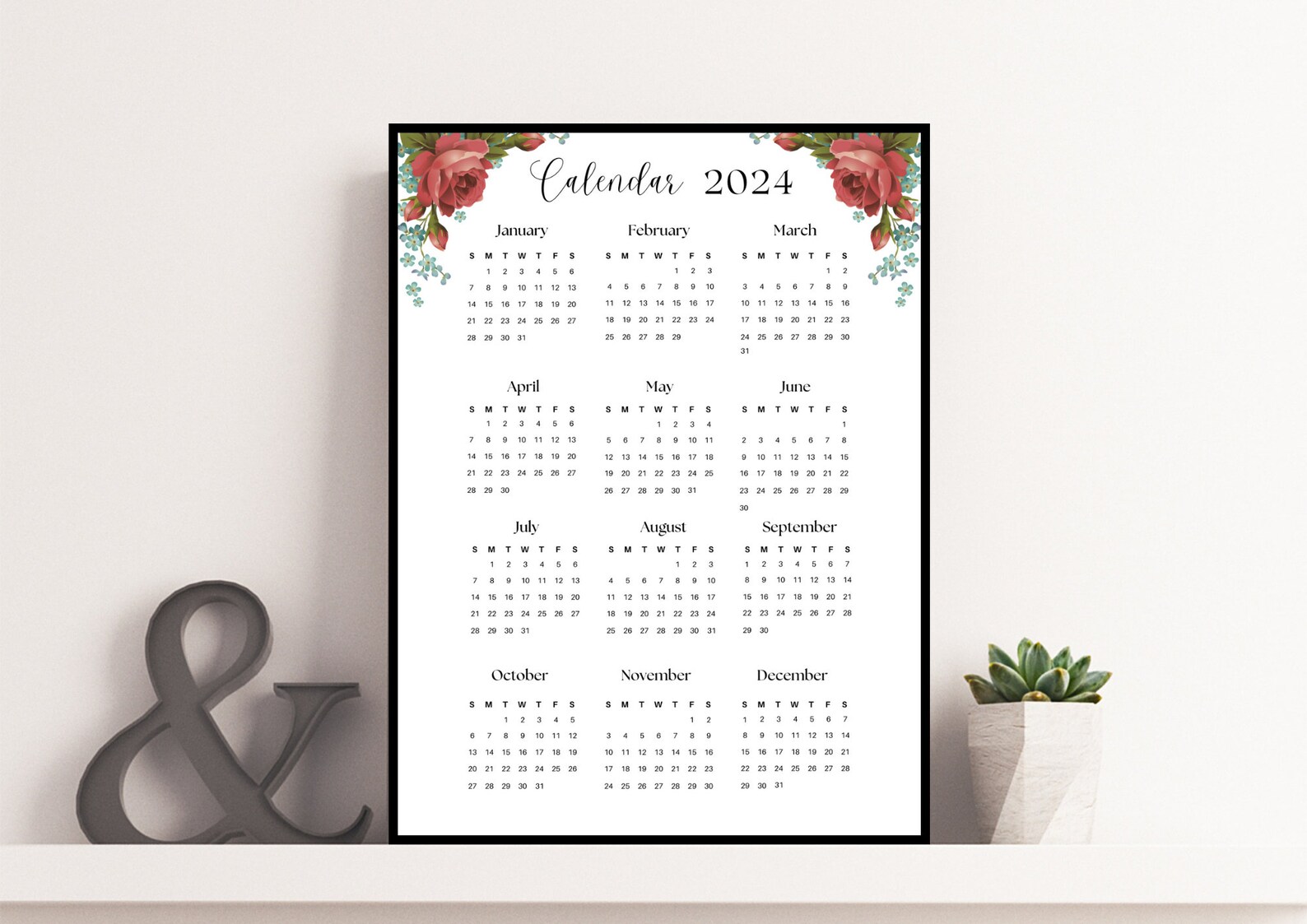 2024 Annual Floral Calendar Vertical A4 Size Sunday Start English, 2024 ...
