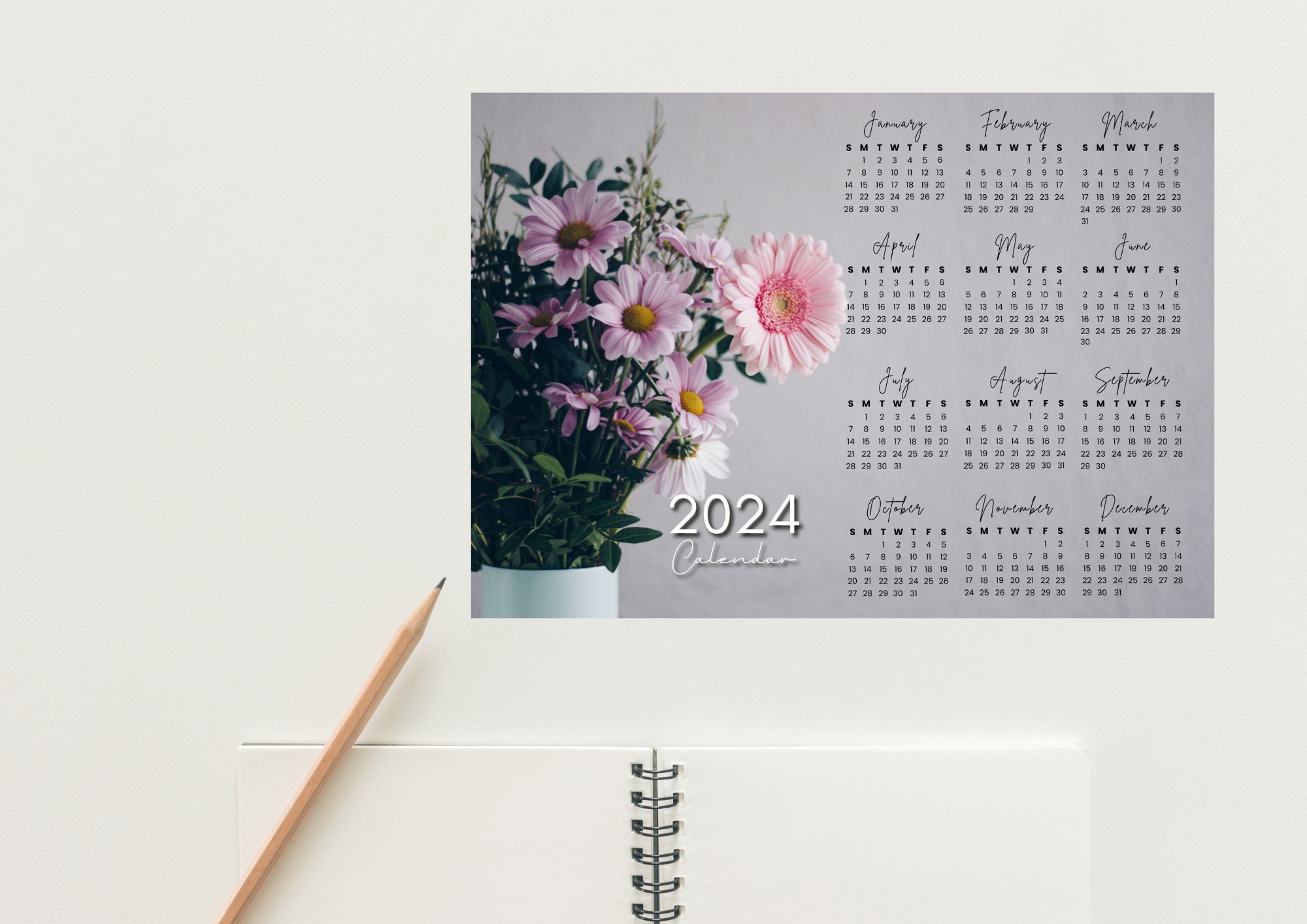 2024 Annual Flowers Calendar Horizontal A4 Size Sunday Start - Etsy