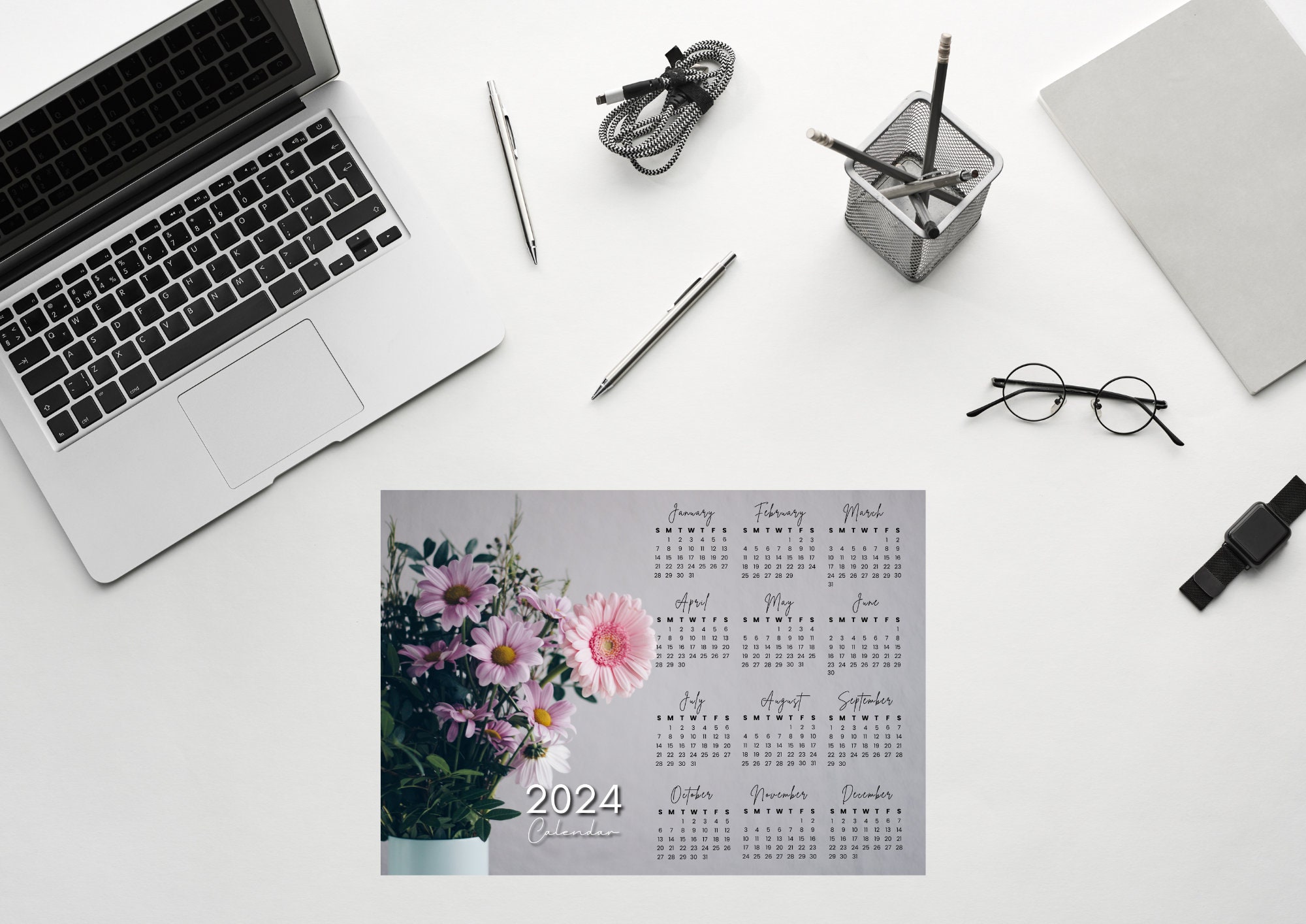 2024 Annual Flowers Calendar Horizontal A4 Size Sunday Start - Etsy