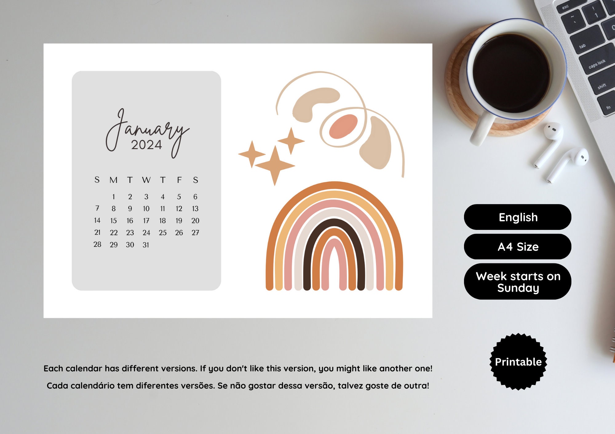2024 Monthly Boho Calendar Horizontal A4 Size Sunday Start - Etsy