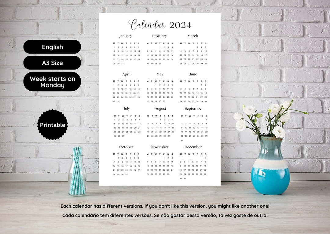 2024 Annual Minimalist Calendar Vertical A3 Size Monday Start English ...