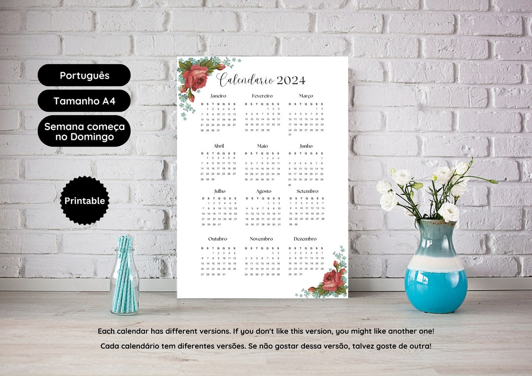 2024 Annual Floral Calendar Vertical A4 Size Sunday Start Portuguese ...
