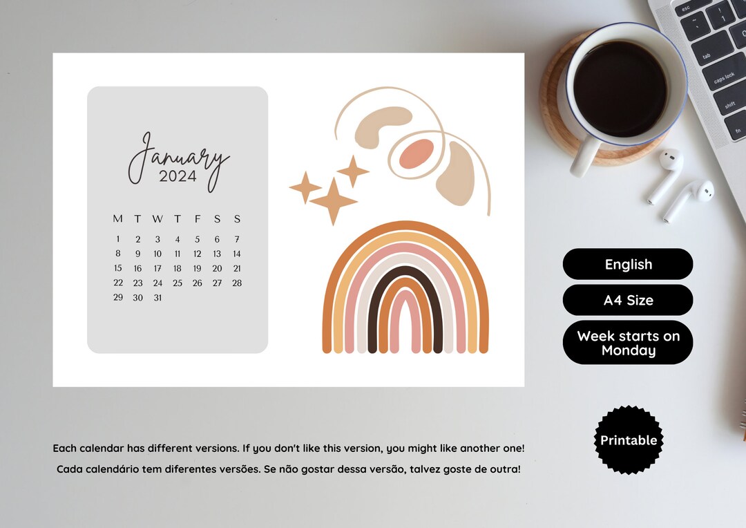 2024 Monthly Boho Calendar Horizontal A4 Size Monday Start English ...