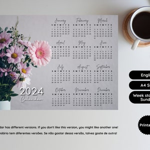 2024 Annual Flowers Calendar Horizontal A4 Size Sunday Start - Etsy