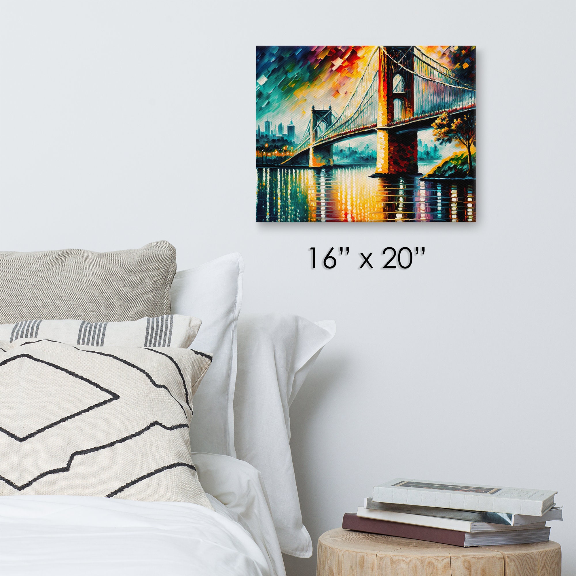 Bridge Over Water. Vibrant Colorful Oil Painting Riverscape Canvas Wall ...