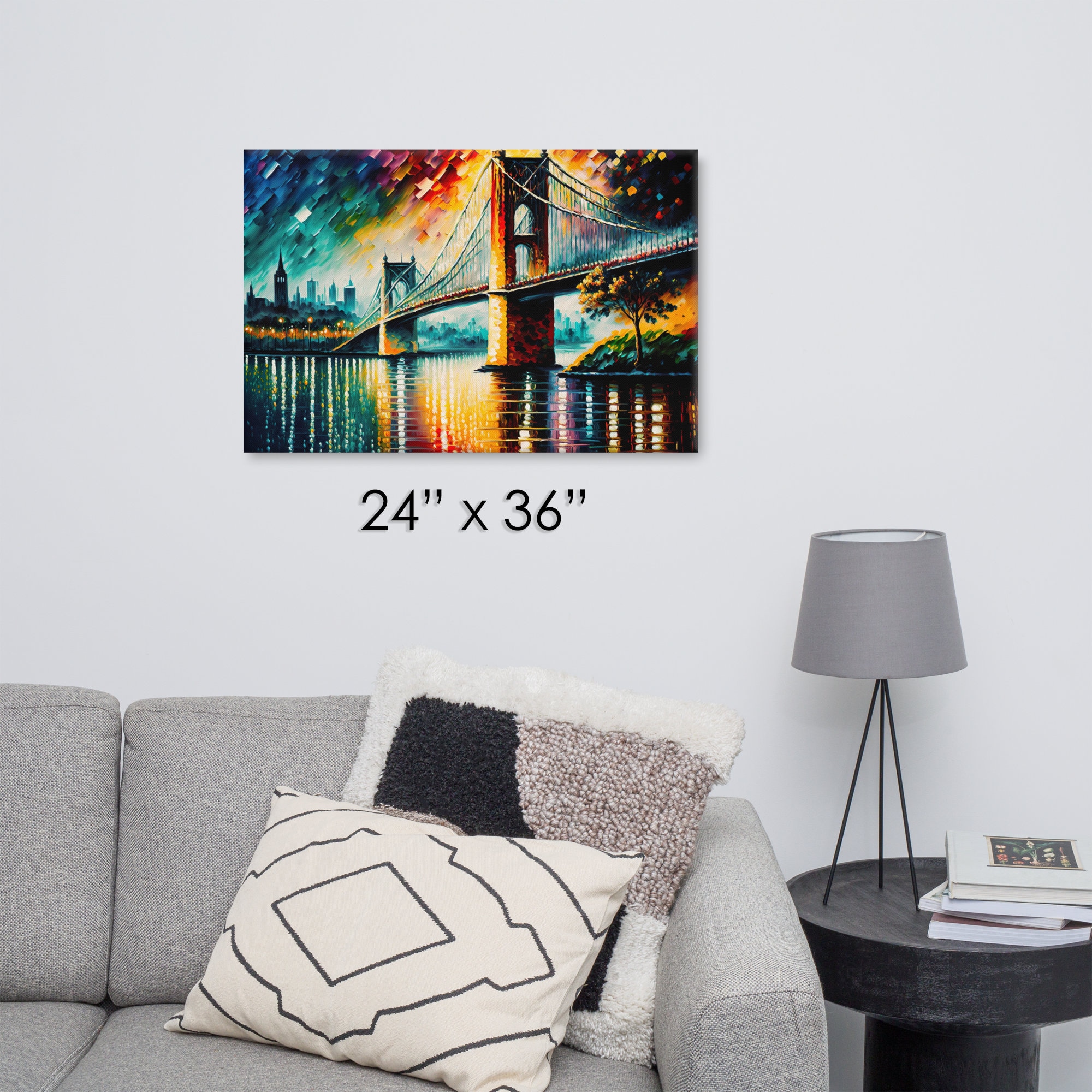 Bridge Over Water. Vibrant Colorful Oil Painting Riverscape Canvas Wall ...