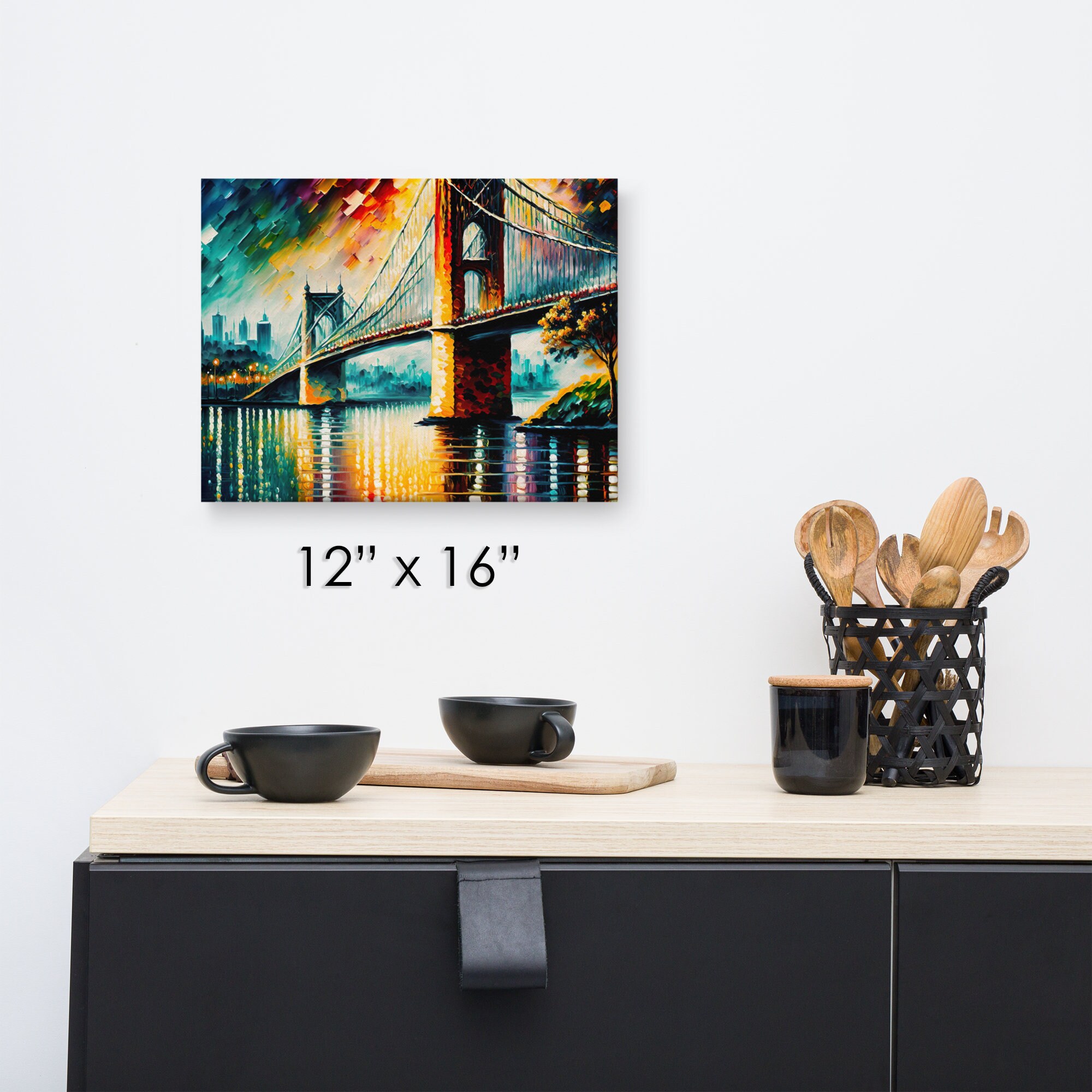 Bridge Over Water. Vibrant Colorful Oil Painting Riverscape Canvas Wall ...