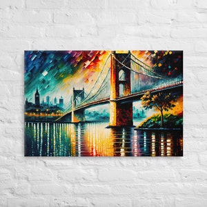 Bridge Over Water. Vibrant Colorful Oil Painting Riverscape Canvas Wall ...