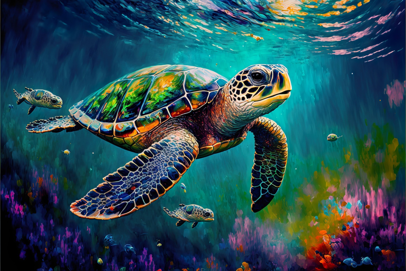 Sea Turtle Embrace. Vibrant Colorful Oil Painting Sea Life Canvas Wall ...