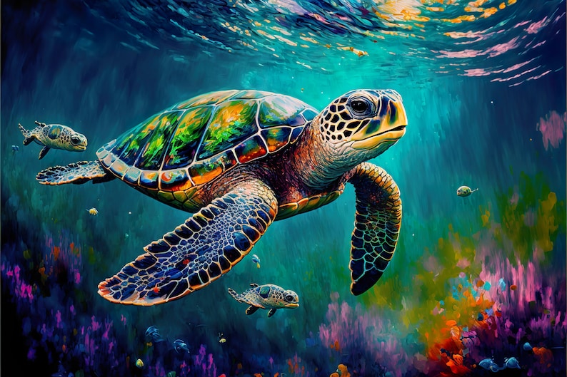 Sea Turtle Embrace. Vibrant Colorful Oil Painting Sea Life Canvas Wall Art Print. - Etsy