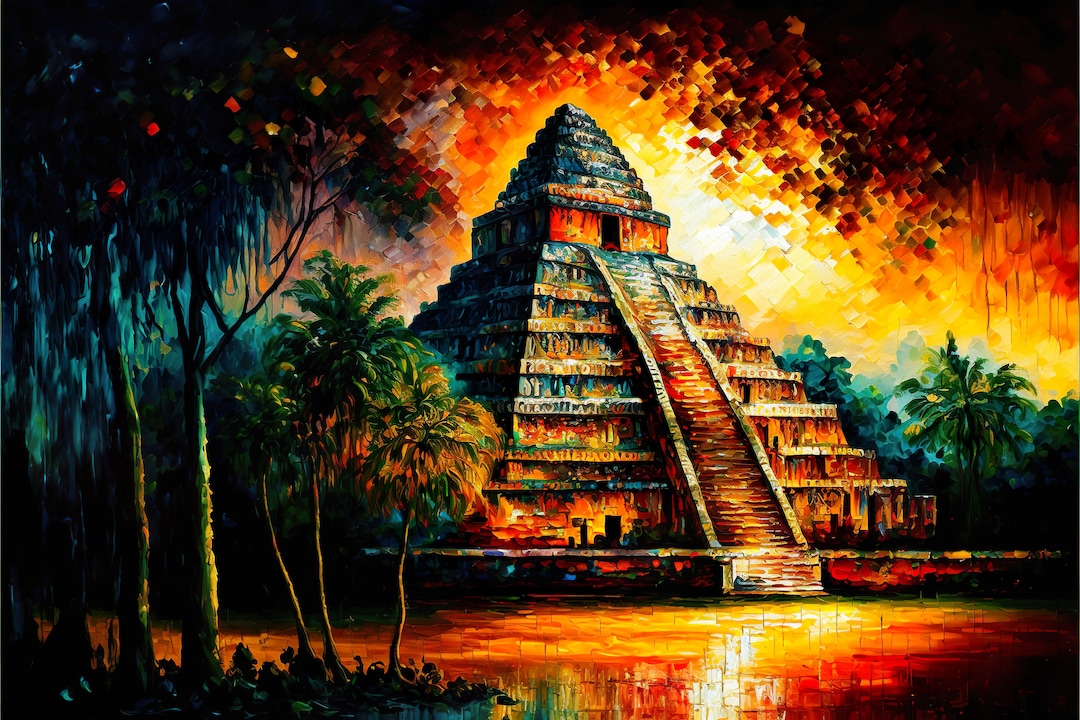 Mayan Temple Enchanted Dawn. Vibrant Colorful Oil Painting Landmark ...