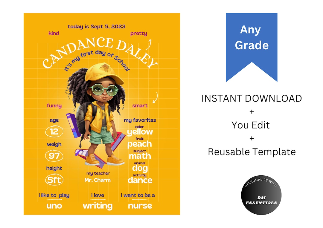 Editable Back to School Poster Digital Sign Instant Download Girl Grade ...