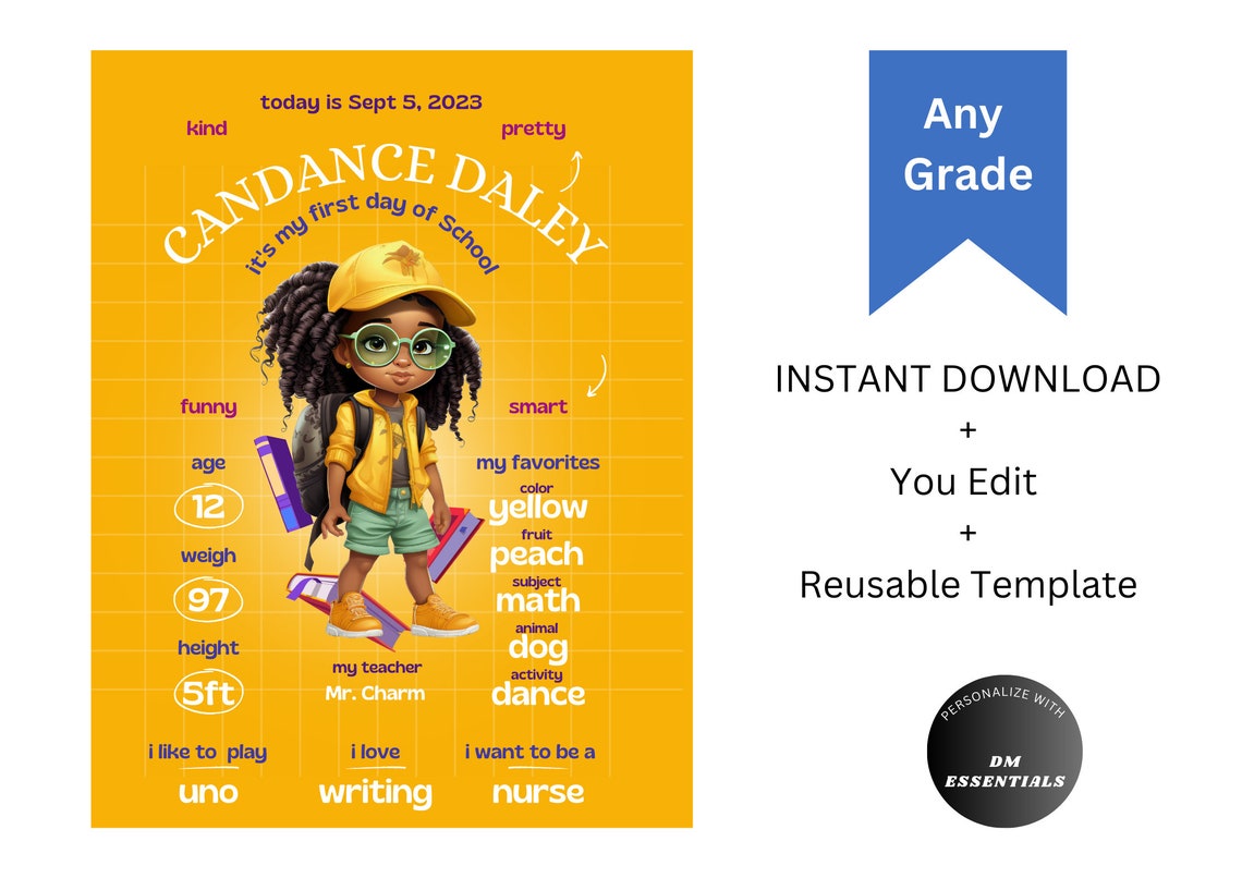 Editable Back to School Poster Digital Sign Instant Download Girl Grade ...