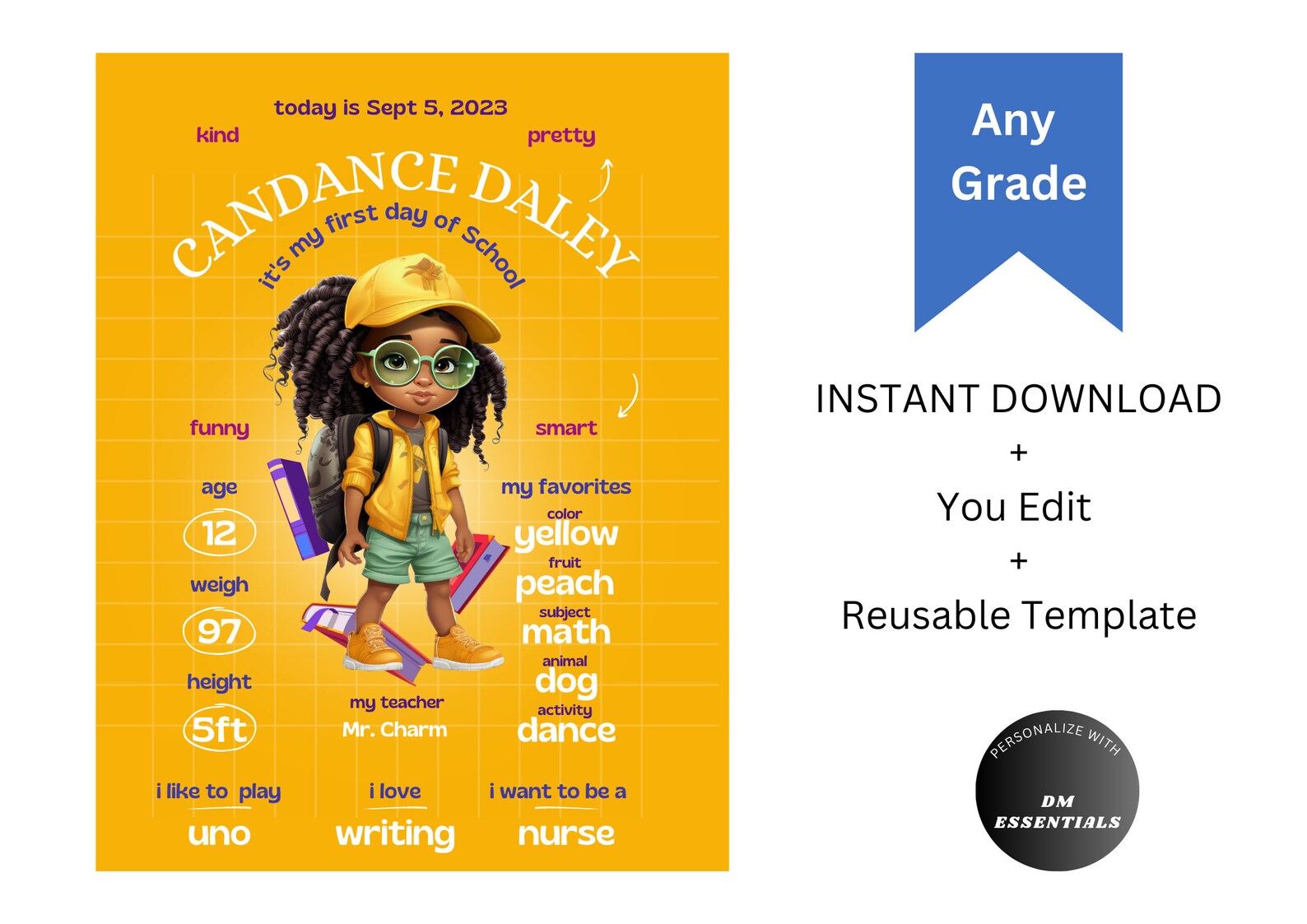 Editable Back to School Poster Digital Sign Instant Download Girl Grade ...