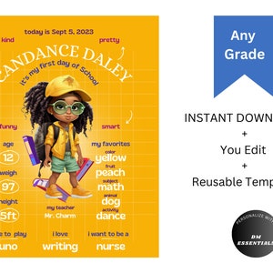 Editable Back to School Poster Digital Sign Instant Download Girl Grade ...