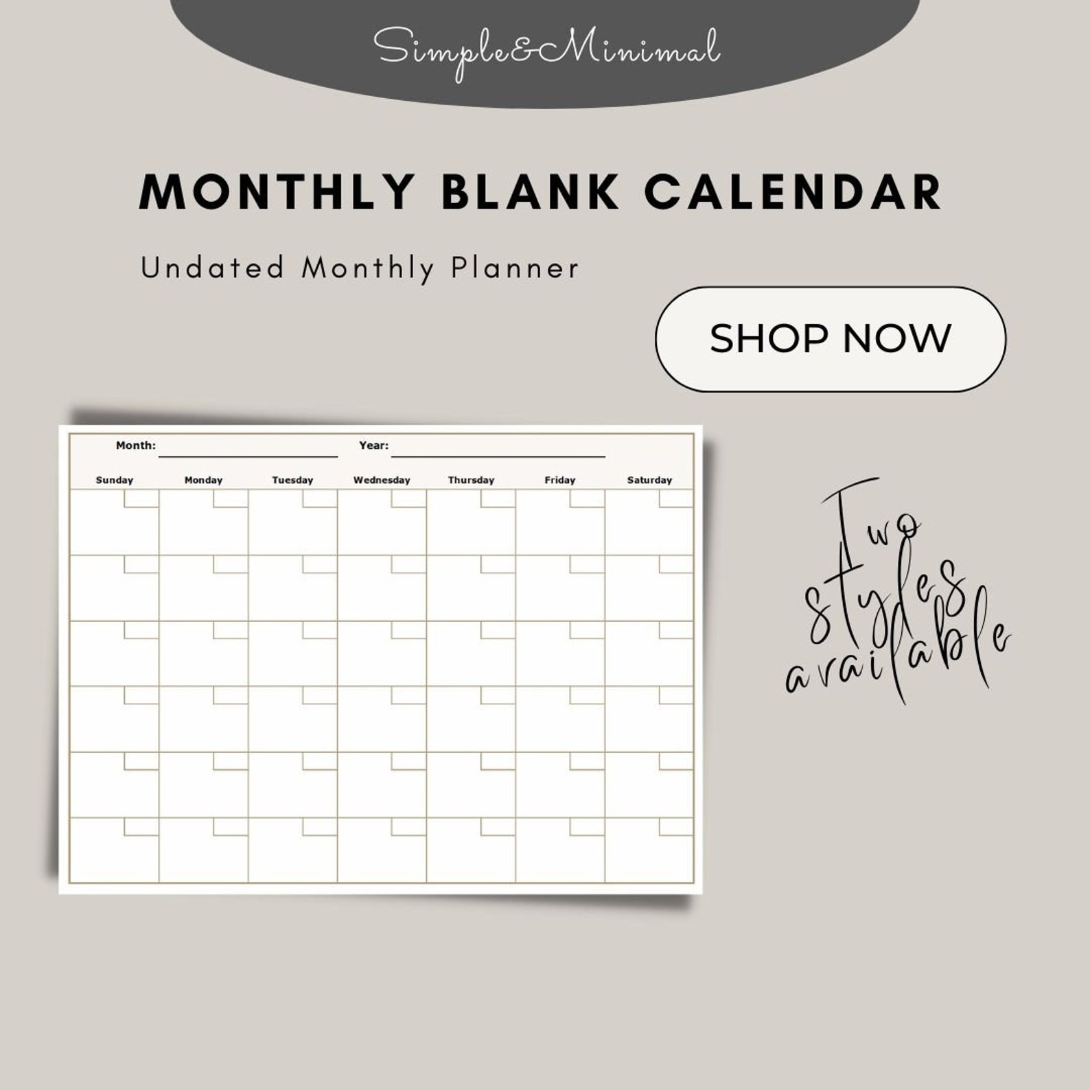 Monthly Calendar Landscape, Printable Calendar, Year Calendar ...