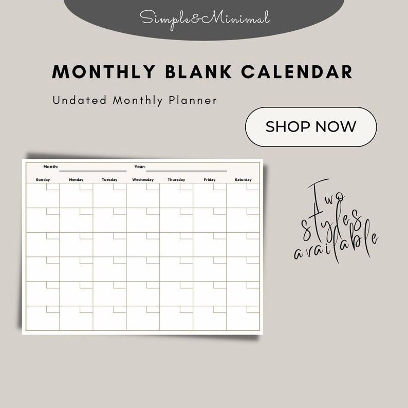 Monthly Calendar Landscape, Printable Calendar, Year Calendar ...