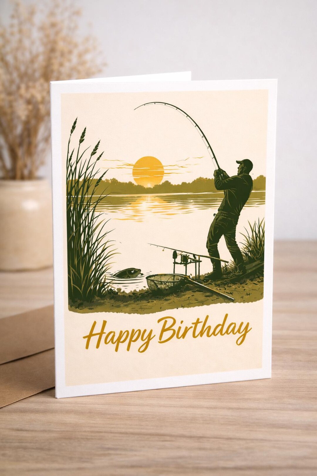 Angler Birthday Card – Minimalist Carp Fishing, Sunset Lake (digital ...