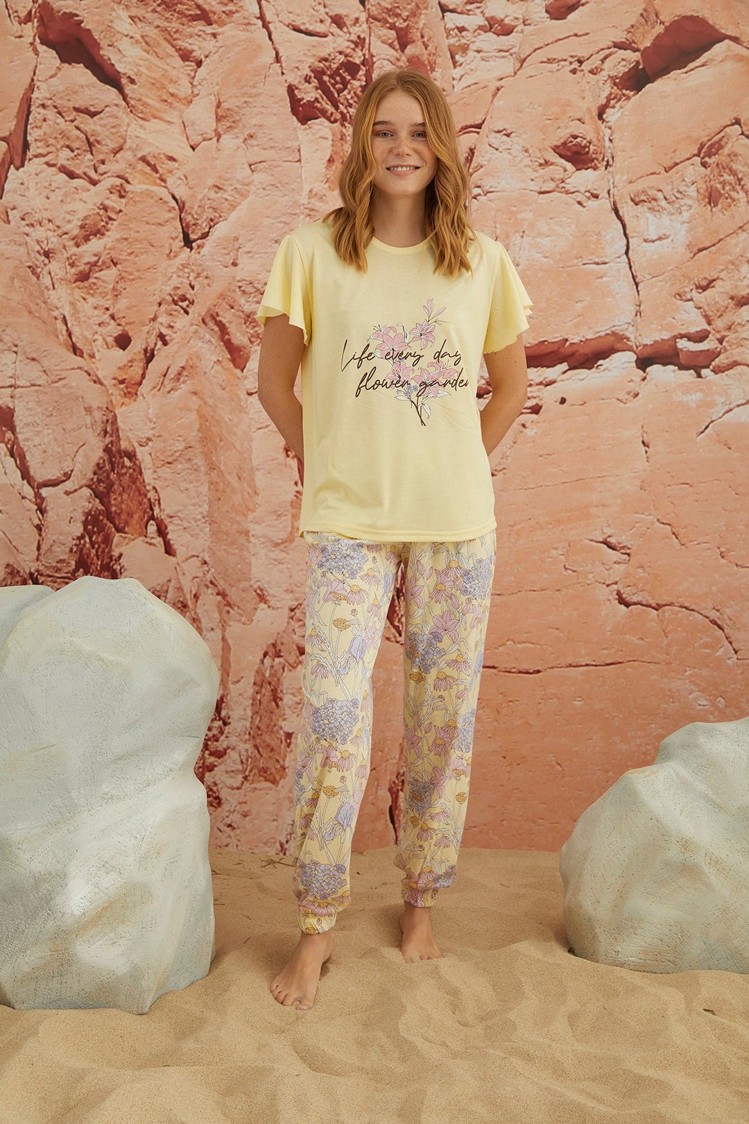 Yellow Floral Design Texted Tshirts and Cuffed Pants Pajamas for Women ...
