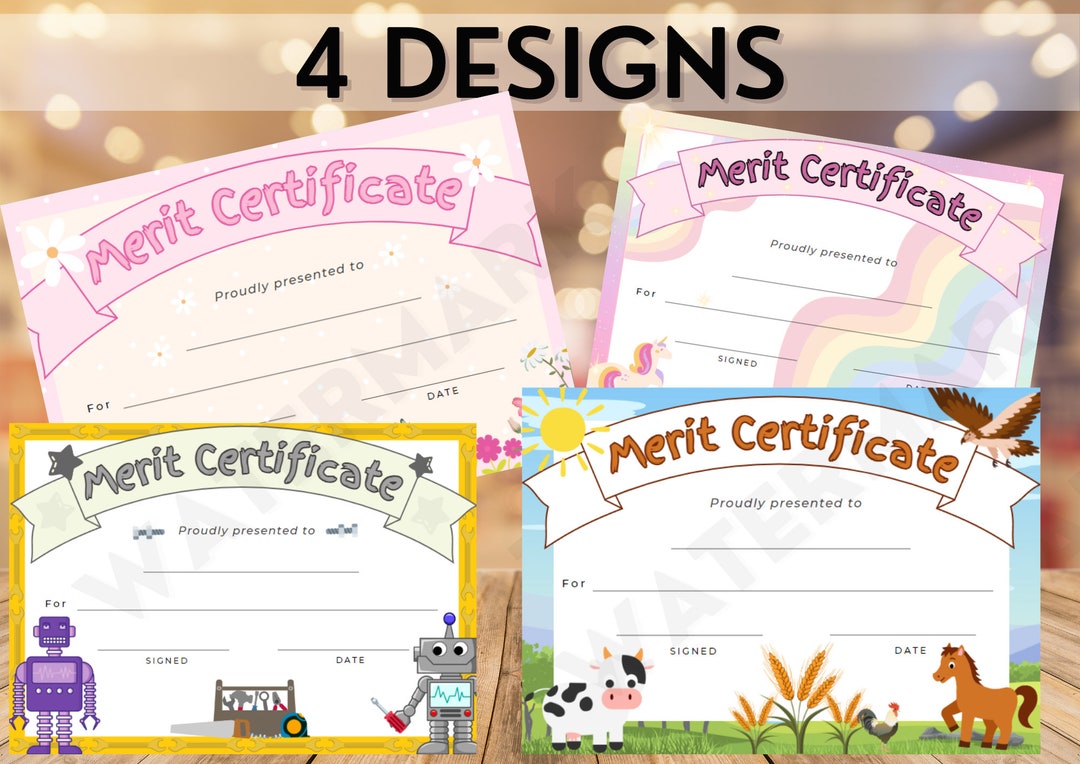 Printable Merit Certificate, Award, Sign, 4 Designs, Multipack, Instant ...