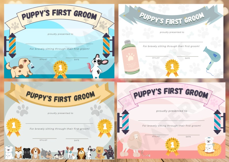 Printable My Puppy's First Groom Certificate, Award, Sign, 4 Designs ...