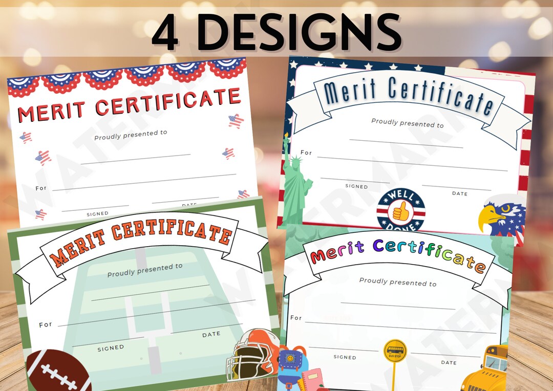 Printable Merit Certificate American Themed, Award, Sign, 4 Designs ...