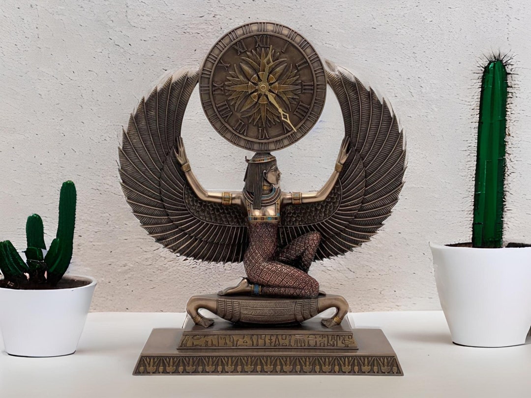 Large Isis Goddess Statue With Clock, Egyptian Decor, Tabletop ...