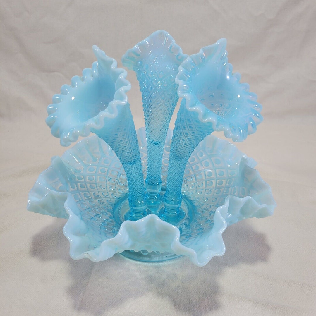 Vintage Fenton Epergne Blue Opalescent Diamond Hobnail Lace - Etsy