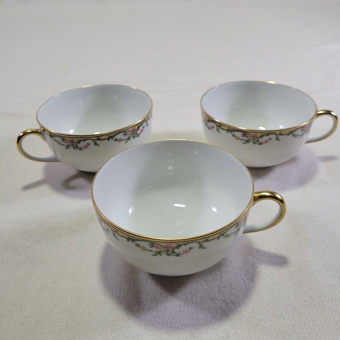 Vignaud LIMOGES Tea Cups Pink and Yellow Flowers Green Scrolls Gold ...