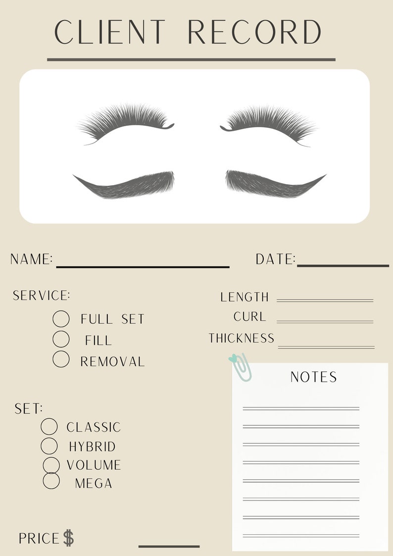 Eye Lash Extension and Eyebrow Client Record Form - Etsy
