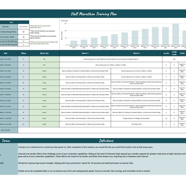 Excel Training Half Marathon Plan - Etsy