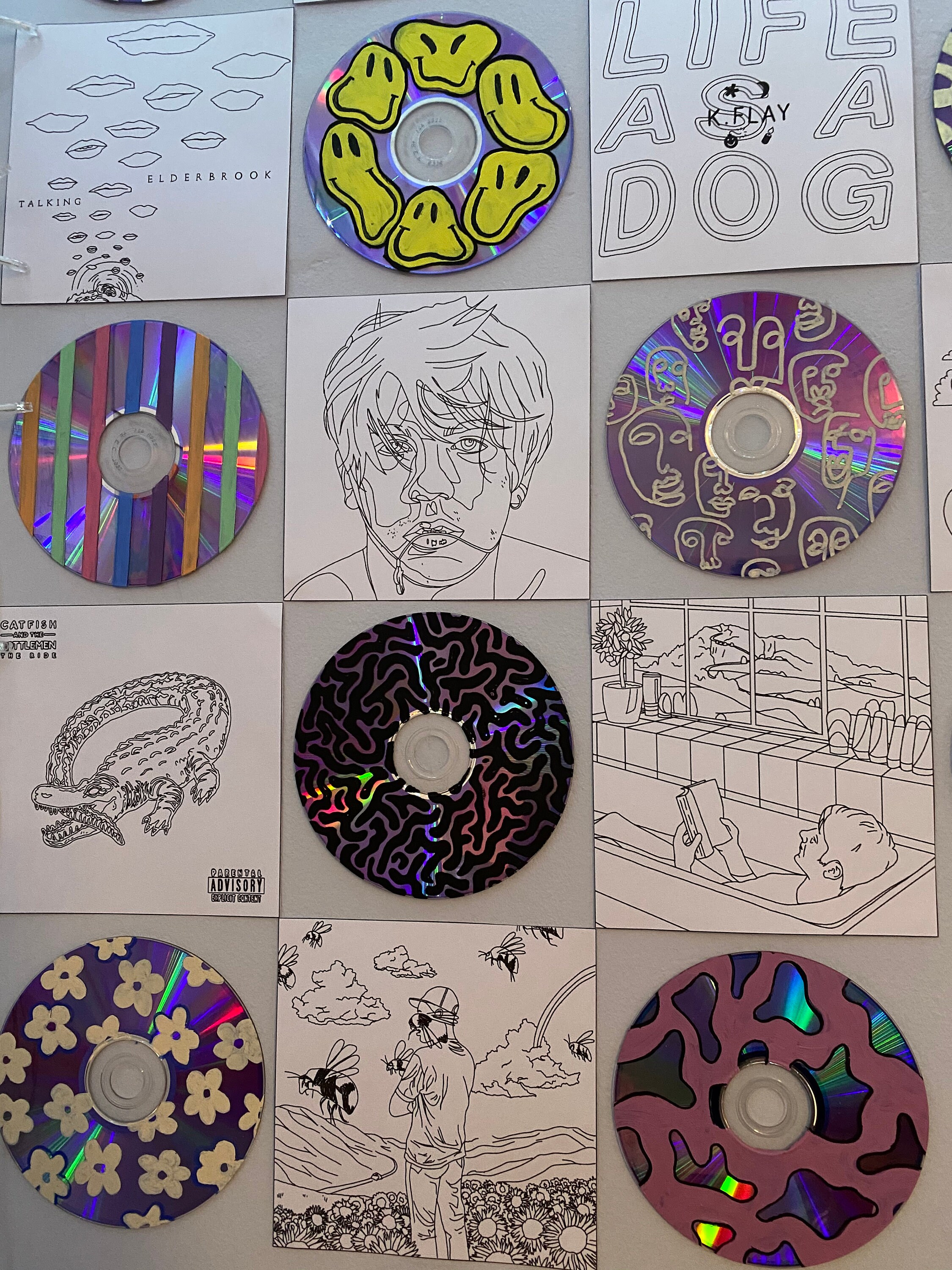 Painted Cds Wall Decor Album Cover Line Art - Etsy