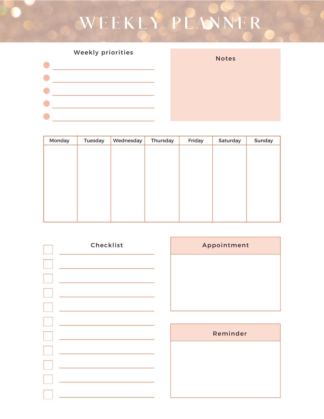 Weekly Planner Pink and Gold Printable Page - Etsy