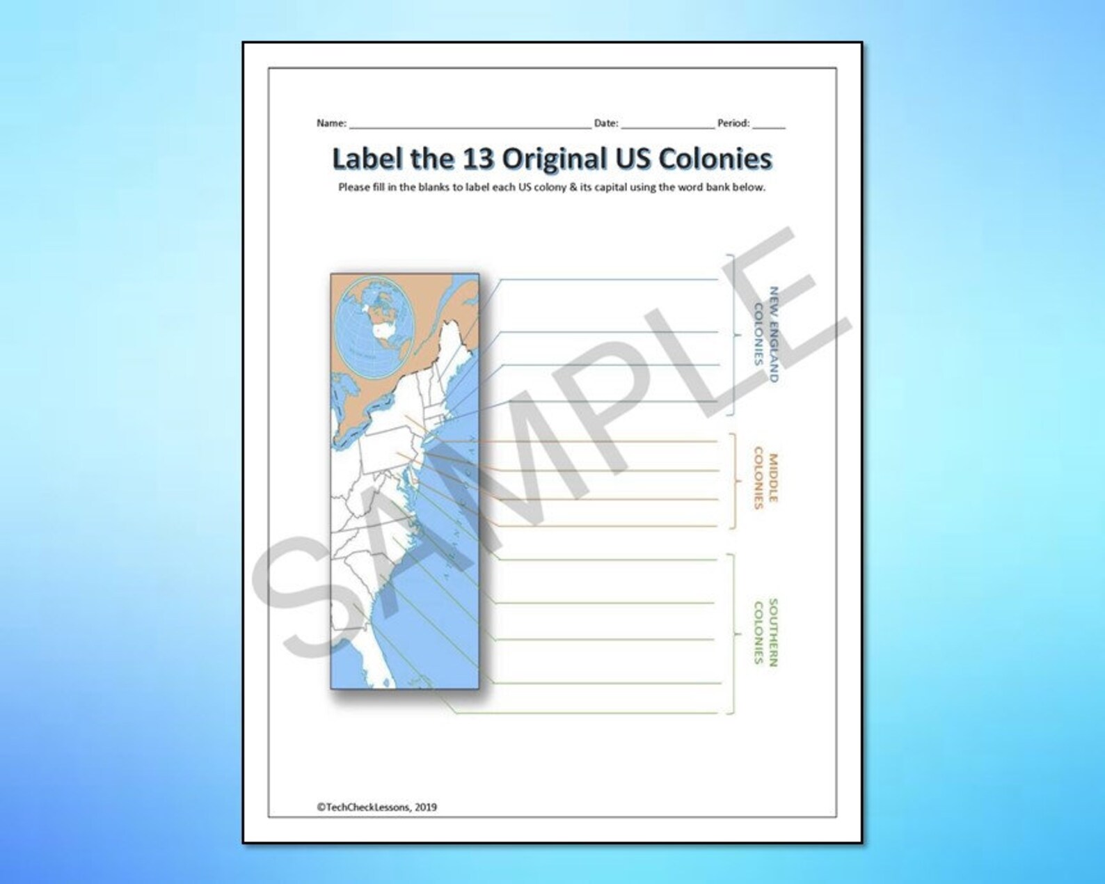 13 US Colonies & Their Capitals Labeling Worksheet Map - Editable ...