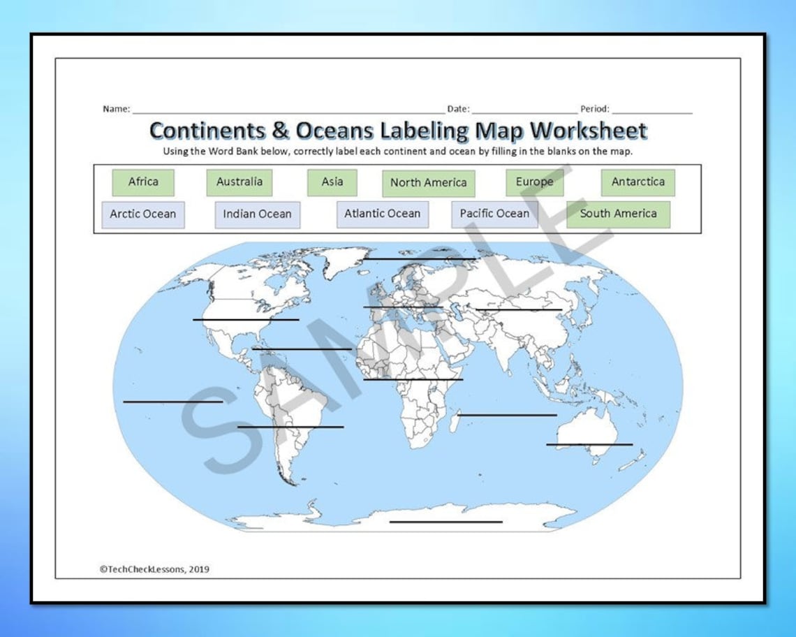 Continents & Oceans Labeling Worksheet Map Editable DIGITAL DOWNLOAD - Etsy