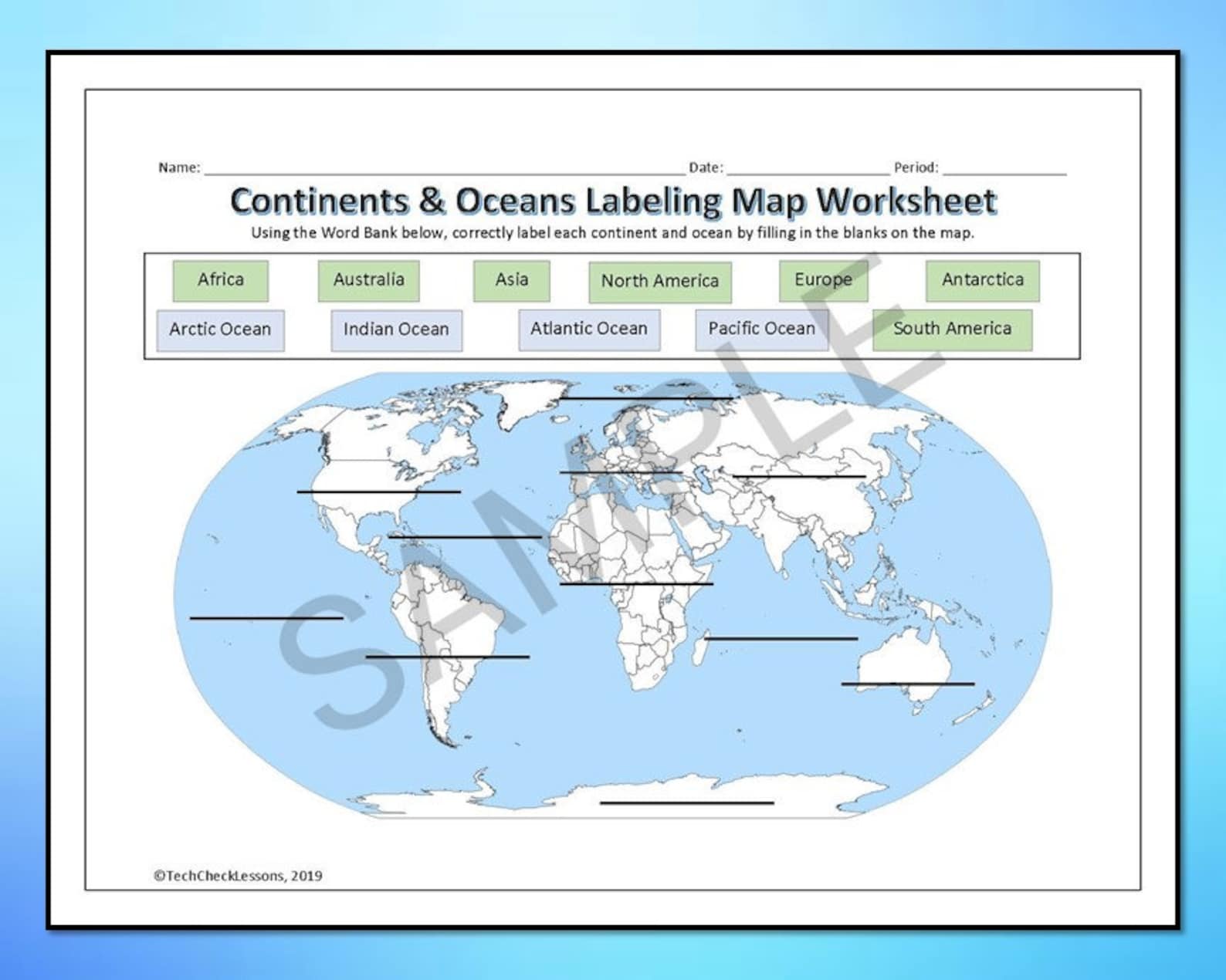 Continents & Oceans Labeling Worksheet Map Editable DIGITAL DOWNLOAD - Etsy