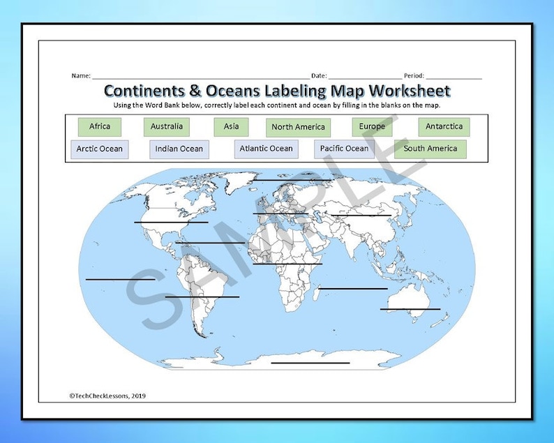 Continents & Oceans Labeling Worksheet Map Editable DIGITAL DOWNLOAD - Etsy