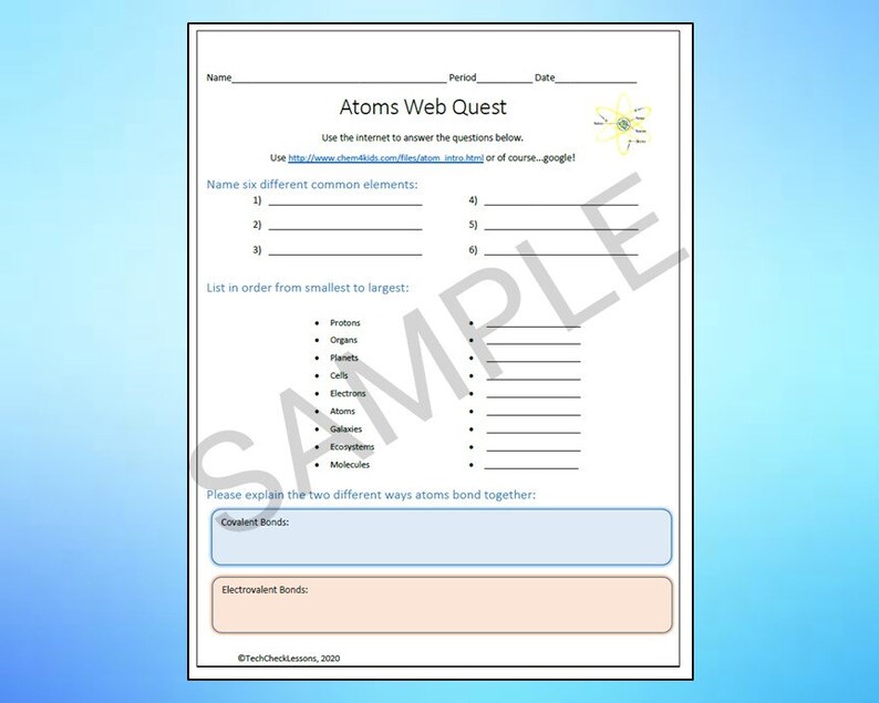 Atoms Webquest - Chemistry Science Internet Activity - Editable DIGITAL ...